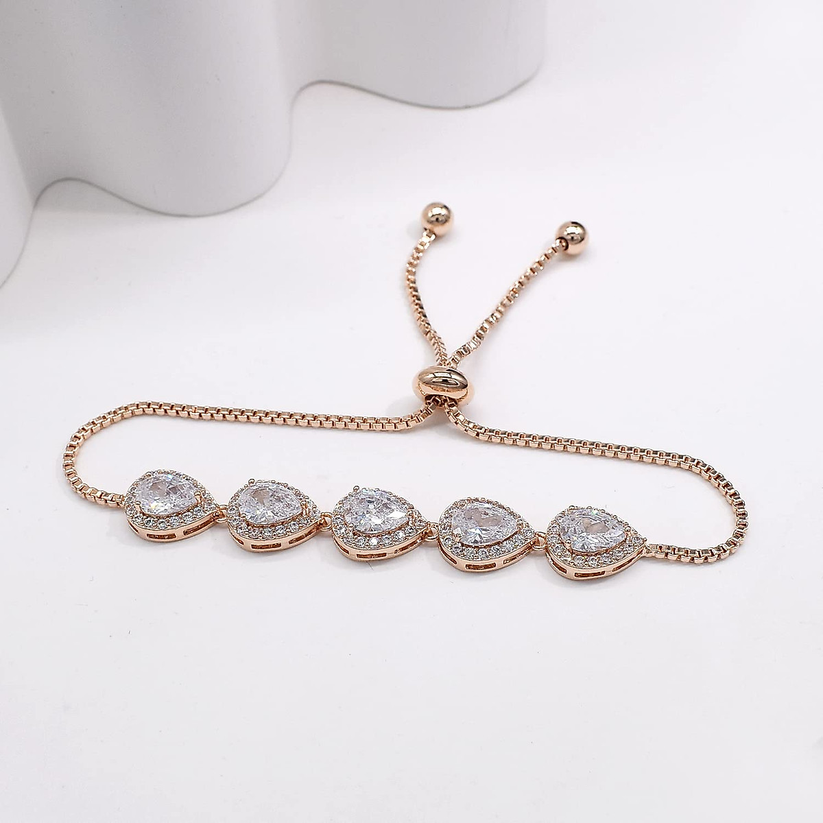 UDYLGOON Zirconia Teardrop Necklace Earrings Bracelet Jewelry Set for Bride Bridesmaid Wedding Party Prom (Rose Gold)