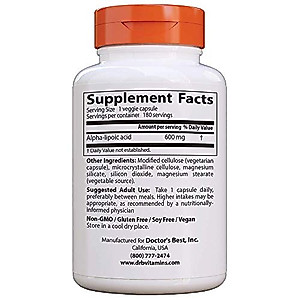 Doctor's Best Alpha-Lipoic Acid, Non-GMO, Gluten Free, Vegan, Soy Free, Helps Maintain Blood Sugar Levels, 600 mg 180 Veggie Caps