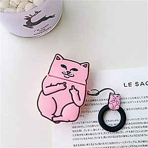 Joyleop(Pink Finger Cat)Compatible with Airpods 1/ 2 Case Cover,3D Cute Cartoon Animal Funny Fun Cool Kawaii Fashion,Silicone Airpod Character Skin Keychain Ring,Girls Boys Teens,Case for Air pods 1&2