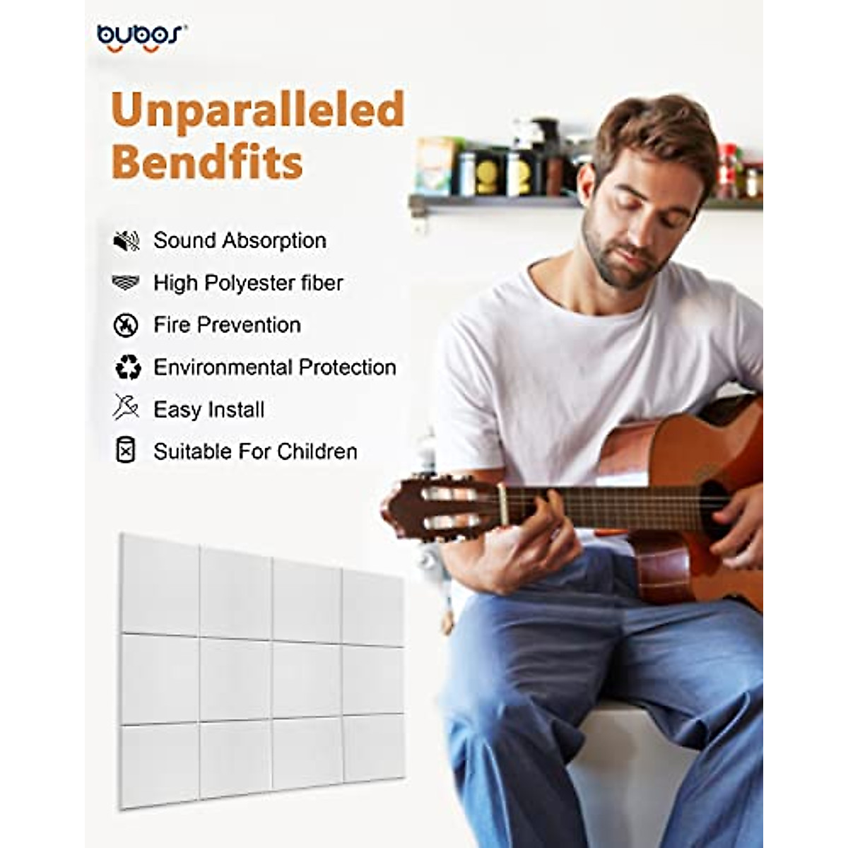 BUBOS 24 Pack Acoustic Panels Soundproof Wall Panels,12“x12“x0.4" Sound Absorbing Panels Acoustical Wall Panels Padding,Acoustic Treatment for Recording Studio,Office,Home Studio,White