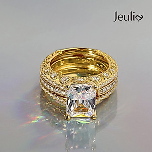 Jeulia Wedding Radiant Cut Ring: 3PC CZ Diamond Engagement Ring Set Promise Anniversary Rings with Side Stones Romantic Jewelry Gift for Her with Gift Box (Yellow Gold, 9.5)