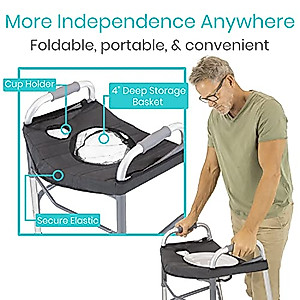 Vive Walker Tray for Folding, Standard Walkers (with Basket) - Universal Medical Supplies Equipment Attachment Table with Cup Holder - Durable Disability Rolling Accessories - for Seniors, Women, Men