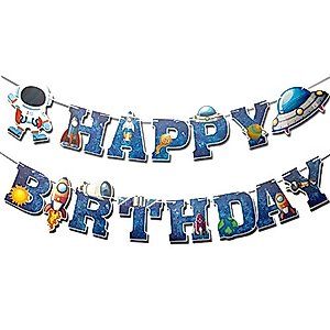 Outer Space Theme Birthday Banner Happy Birthday Signs with Astronaut Rocket UFO Spaceman Universe Planet Galaxy Funny Birthday Party Backdrop Hanging Decorations 16pcs