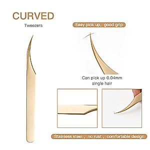 Eyelash Extension Tweezers, 3-Pack,Professional Stainless Steel Tweezers for Volume Lashes, Straight and Curved Tips for 3D-6D,Golden