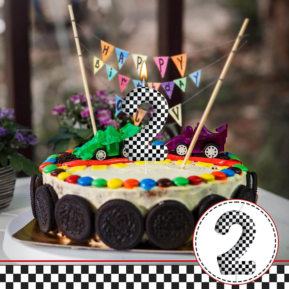 Racing Cars Themed Birthday Candle Number 2 Checkered Candle Birthday Party Decoration Cake Topper for Racing Car Party Decoration Theme Party Supplies (Number 2)