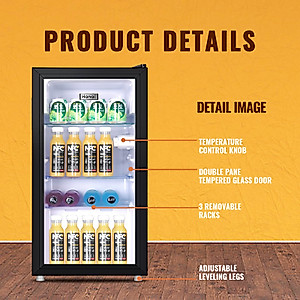 WANAI Beverage Refrigerator Mini Fridge Cooler Clear Glass Door 3.5 Cu.Ft Soda Beer Wine Fridges for Office Dorm Home Bar with Adjustable Removable Shelves White Inner