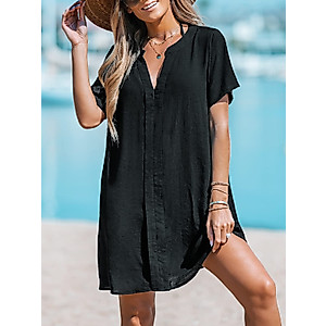 CUPSHE Women's V Neck Cover Up Dress Short Sleeve Semi-Sheer Beach Mini Dress Black
