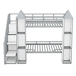BOVZA Castle Shaped Bunk Bed with Wardrobe and Multiple Storage, Twin Over Twin Metal Bunk Bed Frame with Storage Staircase and Guardrails for Kids Boys Girls Teens, Gray+White
