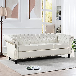 FANYE 84.65" 3-Seaters Chesterfield Clasic Luxury Roller Armrest Soild Wood Legs Sectional,Button Tufted PU Leather Upholstered Modular Sofa Couch with Reversible Cushions & Nailhead Decor, White