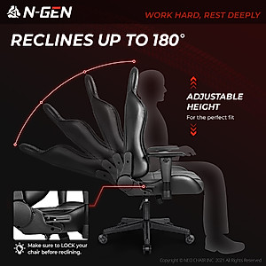 N-GEN Gaming Chair Computer Ergonomic Office Adjustable Lumbar Support Racing Style High Back Desk Headrest Swivel Executive E-Sports Video Game PC Leather Height Reclining (1. Black)