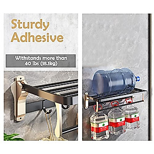 ROZZWILD Towel Rack Wall Mounted 24 Inch Adhesive No Drill Towel Storage Shelf with 5 Hooks for Bathroom Aluminum Alloy Rustproof Matte Black Gold