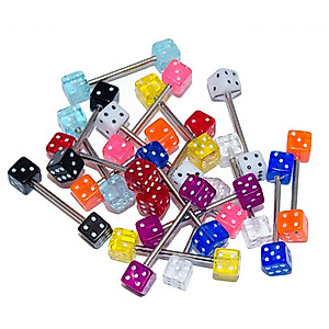 BodyJewelryOnline Lot of 10 Tongue Piercing Barbells 14G Surgical Steel Barbell Acrylic Dice Ends