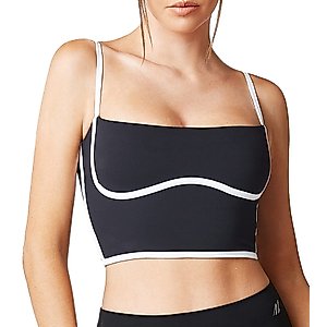 Move With You Sleeveless Spaghetti Strap Padded Sports Bra Tank Tops Square Neck Double Layer Workout Fitness Basic Crop Tops(Black,M1)