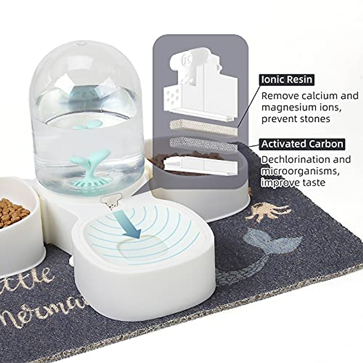 PetEiZi 2 in 1 Double Pet Cat Food Feeder Bowls 2.0L Large Automatic Unplugged Dog Water Dispenser Detachable No-Spill for Cats and Small Puppy Dogs - White