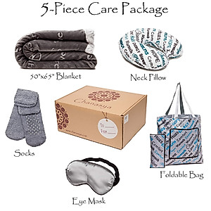 Chanasya Premium Care Gift Package - Throw Blanket, Neck Pillow, Eye Mask, Tote Bag, Socks - 50” x 65” - 5-Piece Set, Gray