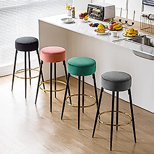 Fefances Pink Bar Stools Set of 2 Modern Round Velvet Bar Stools Kitchen Breakfast Round Dining Chair 30 inch Height