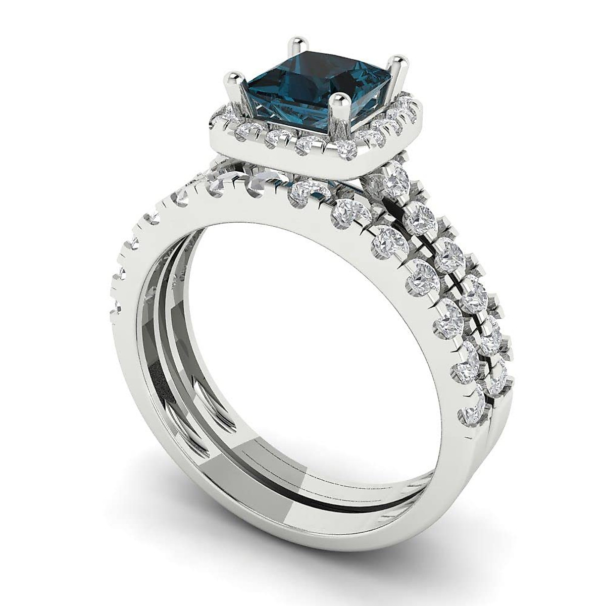 Clara Pucci 1.6ct Princess Cut Halo Solitaire London Blue Topaz Engagement Promise Anniversary Bridal Ring Band set 14k White Gold 11