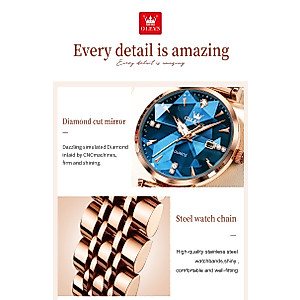 OLEVS Women Watch Fashion Rose Gold Diamond Analog Quartz Female Watch for Women Luxury Dress Ladies Stainless Steel Luminous Waterproof Date Wrist Watch Blue