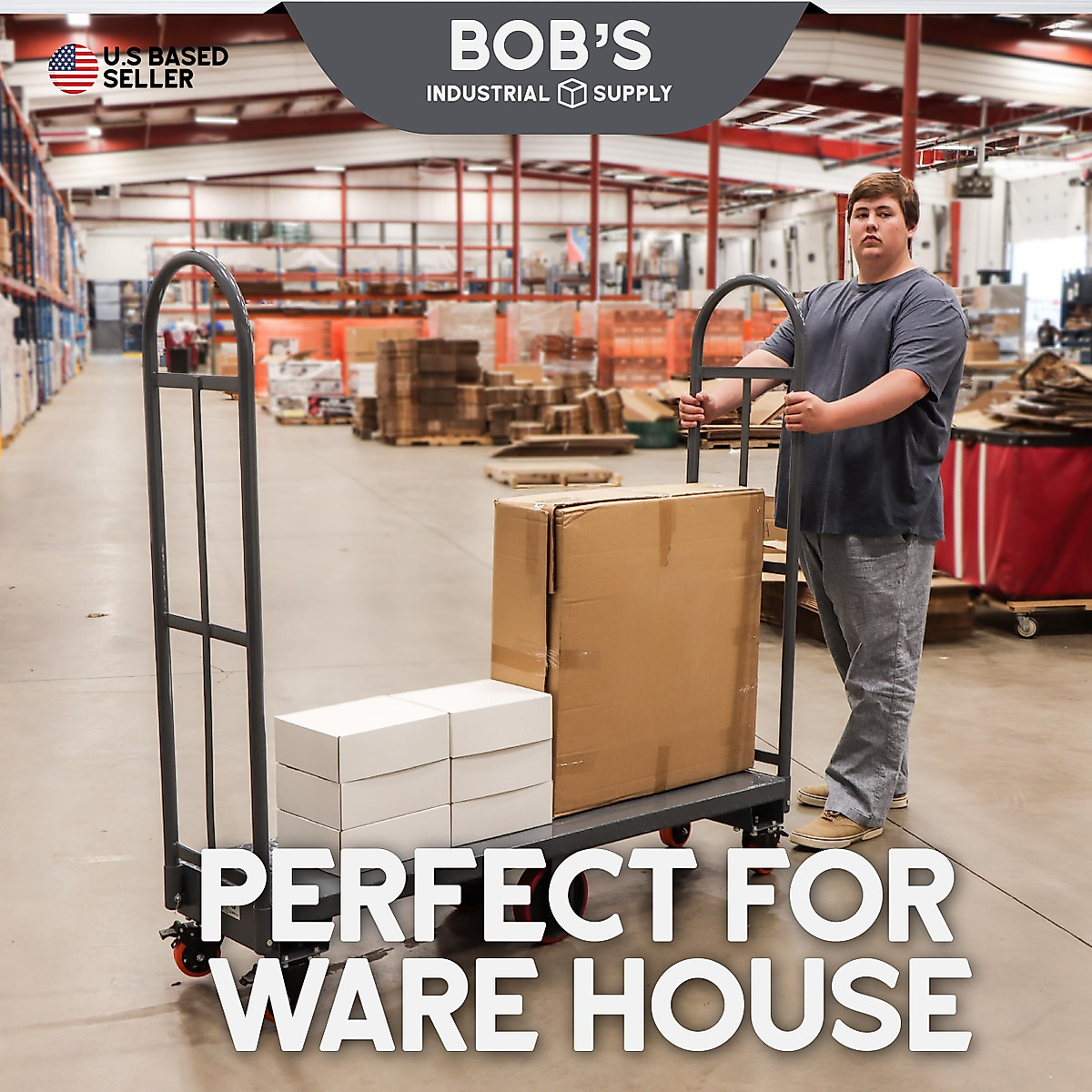 BISupply Rolling Cart 61x16 Narrow Aisle Moving Dolly with Curb Wedge Ramps - 2000lb Load Capacity Industrial Uboat Platform Truck with Handles