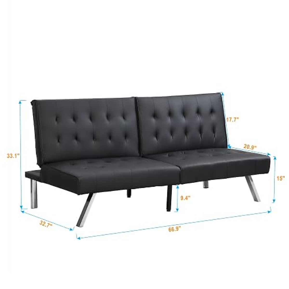 Convertible Futon Sofa Bed, Modern Faux Leather Sleeper Couch for Living Room,Guest Bed, Adjustable Backrest, Upholstered Recliner Chair, Loveseat for Compact Space Living Room Apartment (Black II)
