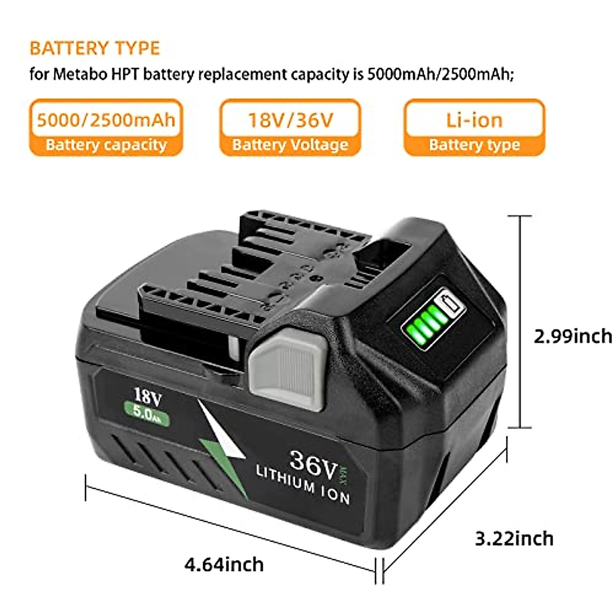 Wodeuibr 36V/18V 5.0Ah Replacement for Metabo HPT Battery,Li-Ion Battery MultiVolt 371751M 372121M BSL36A18 BSL36B18 Cordless Power Tools,5000mAh Large Capacity Battery