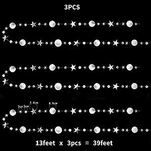 3 Pack Silver Party Decorations Moon Star Garland Ramadan Hanging Stars Circle Streamer Banner Backdrop Background for Wedding Birthday Christmas New Year EID Graduation Decor