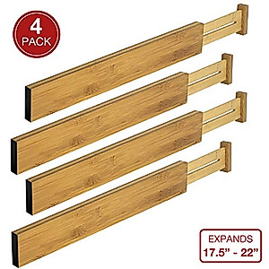 Bamboo Kitchen Drawer Dividers - Adjustable Spring Loaded Drawer Organizers - Drawer separator for Kitchen Utensils, Bedroom Clothes Dresser, Bathroom, and Office - Expands from 17.5" - 22" - 4 Pack