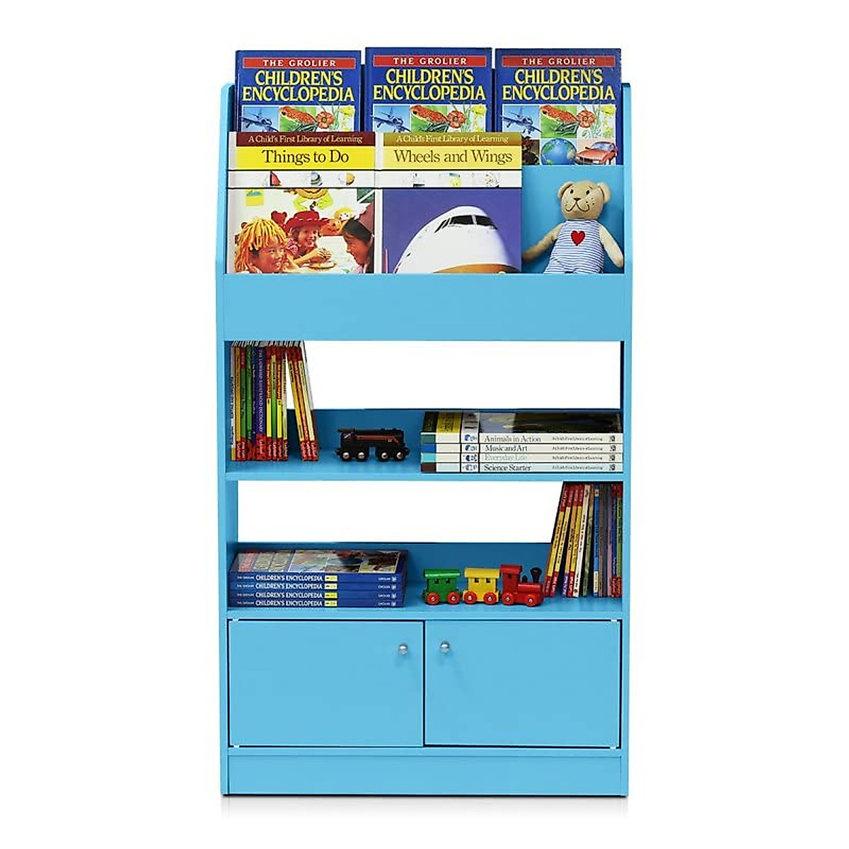 FURINNO KidKanac Magazine/Bookshelf with Toy Storage Cabinet, Light Blue 9.45D x 24.57W x 43.31H in
