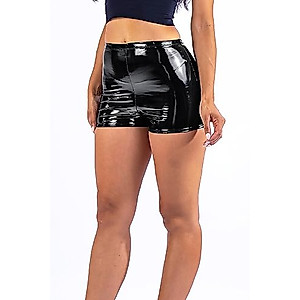 BOGOMORE Women's Shiny PU Booty Shorts - Sexy Faux Patent Leather, High Waist Hotpants with Tight Fit - Latex-Like Shorts Black X-Large