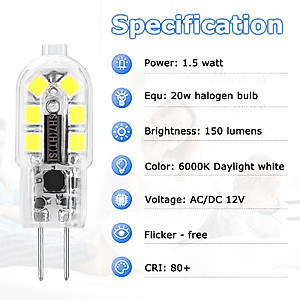 G4 LED Bulb 12V, HengBo Daylight White 6000K G4 JC Bi Pin Base 20 Watt Halogen Bulb Replacement Light Bulb for Under Cabinet, Range Hood, Stove Light (Pack of 10)