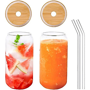 Renococo Beer Can Glass with Bamboo Lids and Glass Straws, 2 Pack 16oz Drinking Glasses,Can Shaped Glass Cups,Iced Coffee Cup, Beer Glasses,Clear Glass Cup Ideal for Water, Soda,Tea,Wine