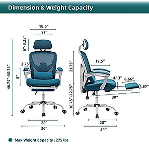 Sweetcrispy High Back Lumbar Pillow and Retractable Footrest, Height Ergonomic Padded Armrests and Adjustable Headrest Swivel Rolling Home Office, Reclining Mesh Chair, Blue