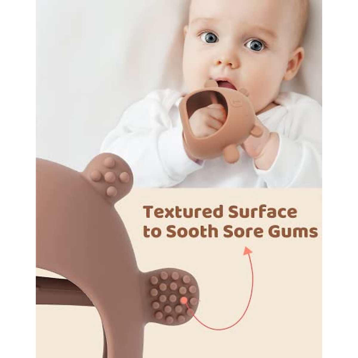 3 Packs Baby Teething Toy Silicone Bear Teething Mitten for Babies Over 3 Months Anti Dropping Wrist Hand Teethers Baby Chew Toys for Sucking Needs, BPA Free (Olive, Blue, Brown)