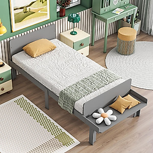 Kids Bed Twin Size, Wood Platform Bed with Headboard and Footboard Bench, Wooden Twin Bed Frame with Slats Support for Boys Girls, No Box Spring Needed, Gray