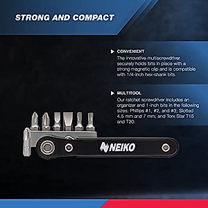 NEIKO 03044A 1/4-Inch Drive Mini Ratchet Screwdriver Set, 8 Pc, Cr-V Steel, Tight Reach, 90 Degree Screwdriver, Low Profile, Close Quarter, Right Angle Offset, Short Phillips, Slotted, Torx Star