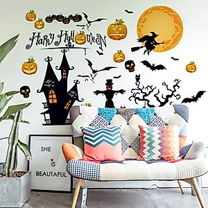Happy Halloween Home Decor Wall Stickers Witch Bats Spiders Pumpkin Lantern Cat Bedroom Living Room Wall Decals Party Supplies
