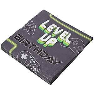 Green & Black "Level Up" Paper Luncheon Napkins, 6.5" (16-Pack) - Disposable Party Tableware for Kids Birthday & Fun Events