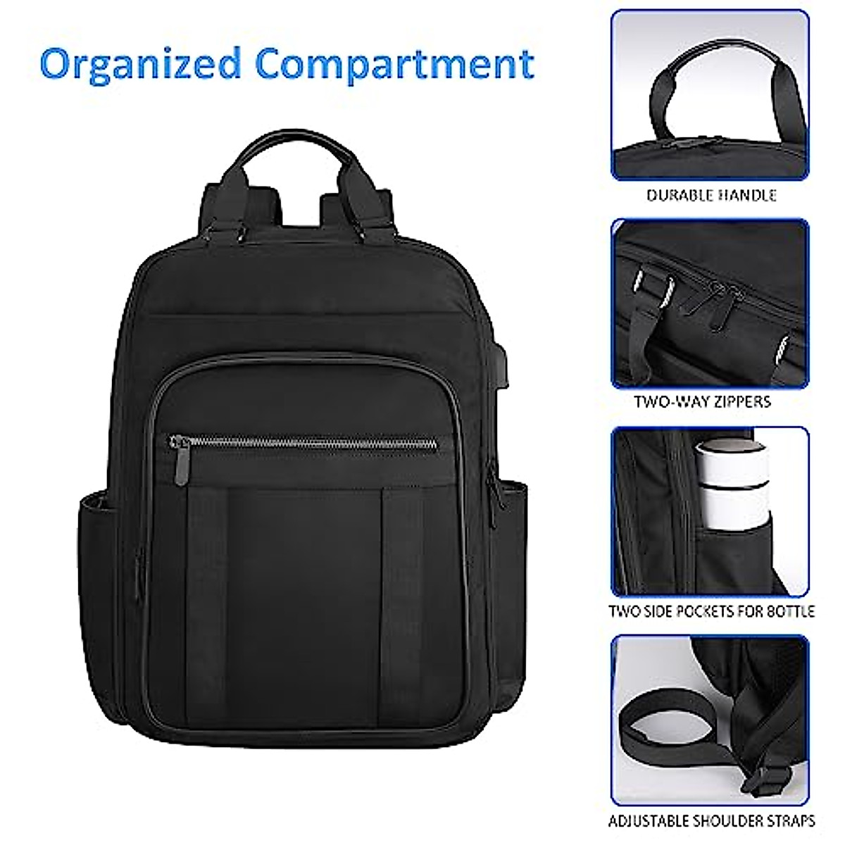 Travel Laptop Backpack, 15.6'' Personal Item Backpack, Carry on Travel bag for Women Men Airline Approved with USB Port Casual Daypack, Water Resistant Large Capacity Computer Backpack for Work, Black