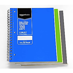 Amazon Basics College Ruled Wirebound 3-Subject 150-Sheet Notebook with Pocket Divider - Pack of 3, 10.5 x 8 Inch, Grey / Green / Blue
