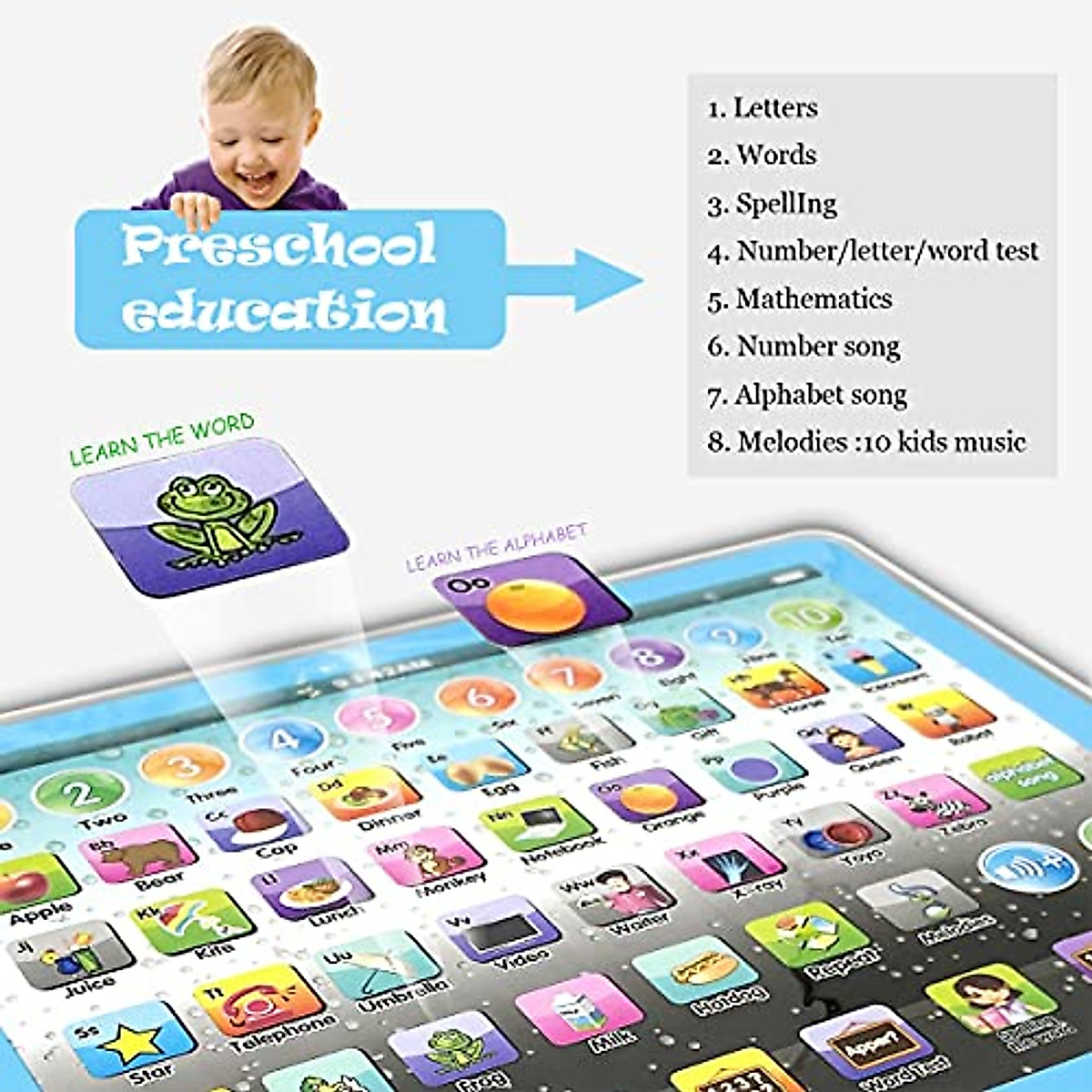 Wenbeier Kids Tablet Learning Pad Toddler Tablet with ABC Word Song Music Number Electronic Interactive Toy for Educational Preschool Boys & Girls 3-8 Years Old