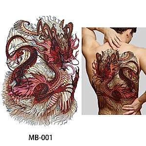 Glaryyears Super Large Full Back Covered Temporary Tattoo, 3 Pack Big Fake Realistic Tattoos Stickers for Adults Women Men, Scary Fierce Dragon Tiger Design