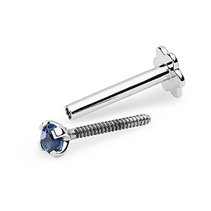 Demira Jewels 2.20mm Solitaire Real Blue Sapphire Solid 14K White Gold Nose Pin, Lip Labret, Monroe Ring Stud Screw - 16 Gauge, 8mm Long Post.