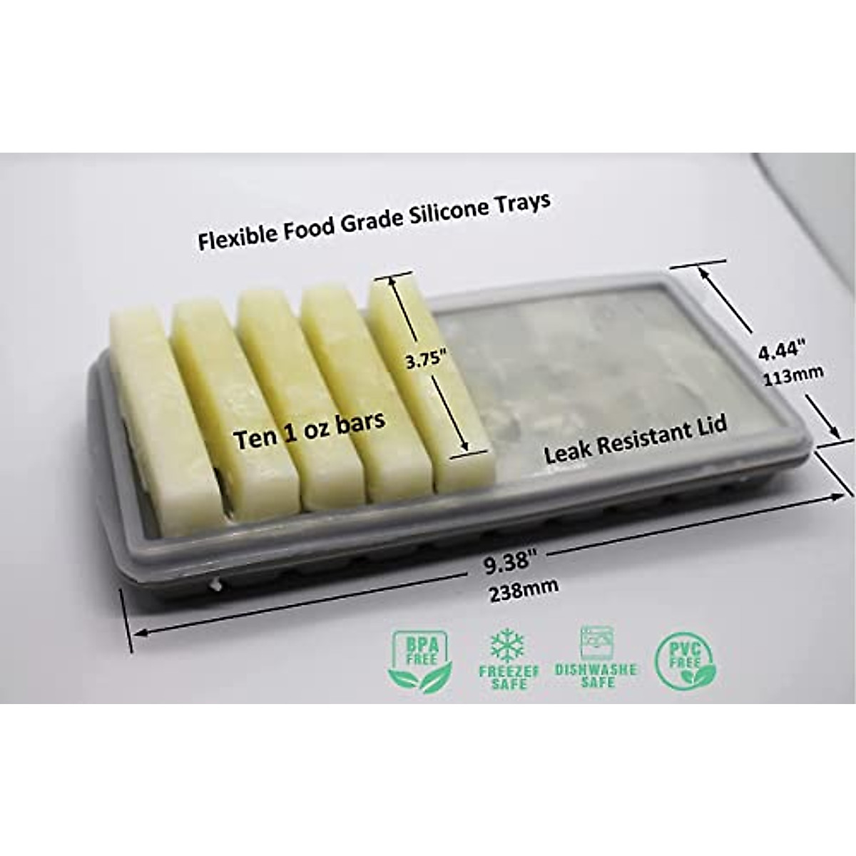 Breast Milk Freezer Storage Trays, 10-1oz Bars, 2 Silicone Tray Containers w/Leak Resistant Lids, Food Grade Silicone (Milk Trays)