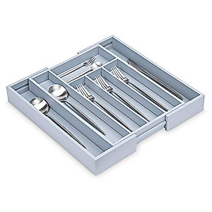 WuGeShop Bamboo Kitchen Drawer Organizer Expandable, Large Flatware Utensil Organizer, Adjustable Silverware Cutlery Tray for Knives, Spoons, Forks (7 Slots, Gray)