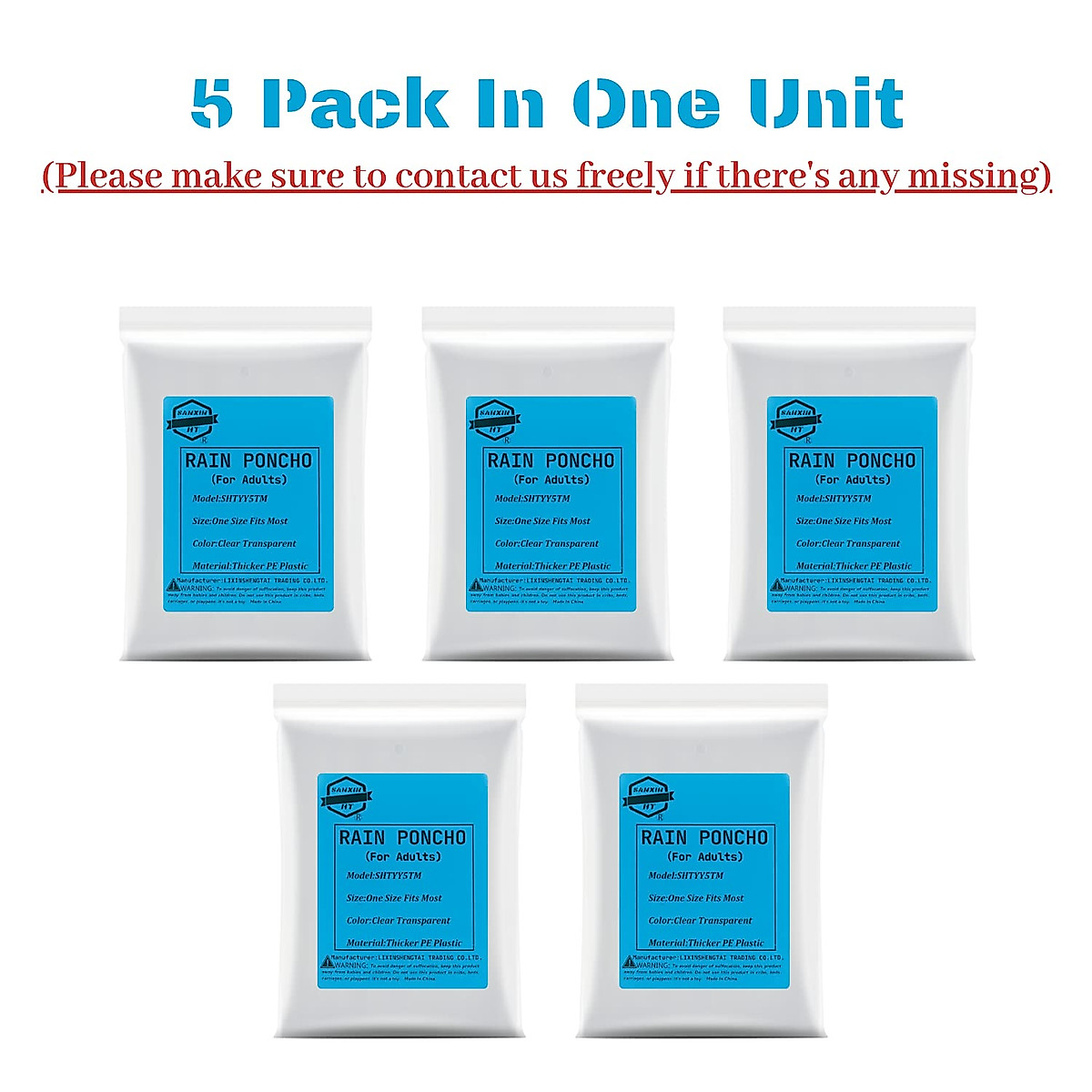 SANXINHT 5 Pack Rain Poncho Set Colorful Disposable Rain Poncho for Adults with Drawstring Hood and Sleeves(Clear)