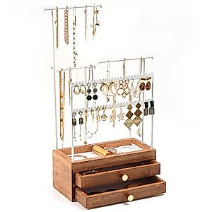 ProCase Jewelry Organizer Wooden Jewelry Box with 2 Drawers for Women Girls Mothers Day Gift, 5 Tiers Height Adjustable Jewelry Holder Organizer Necklace Stand Earring Storage Rack -White