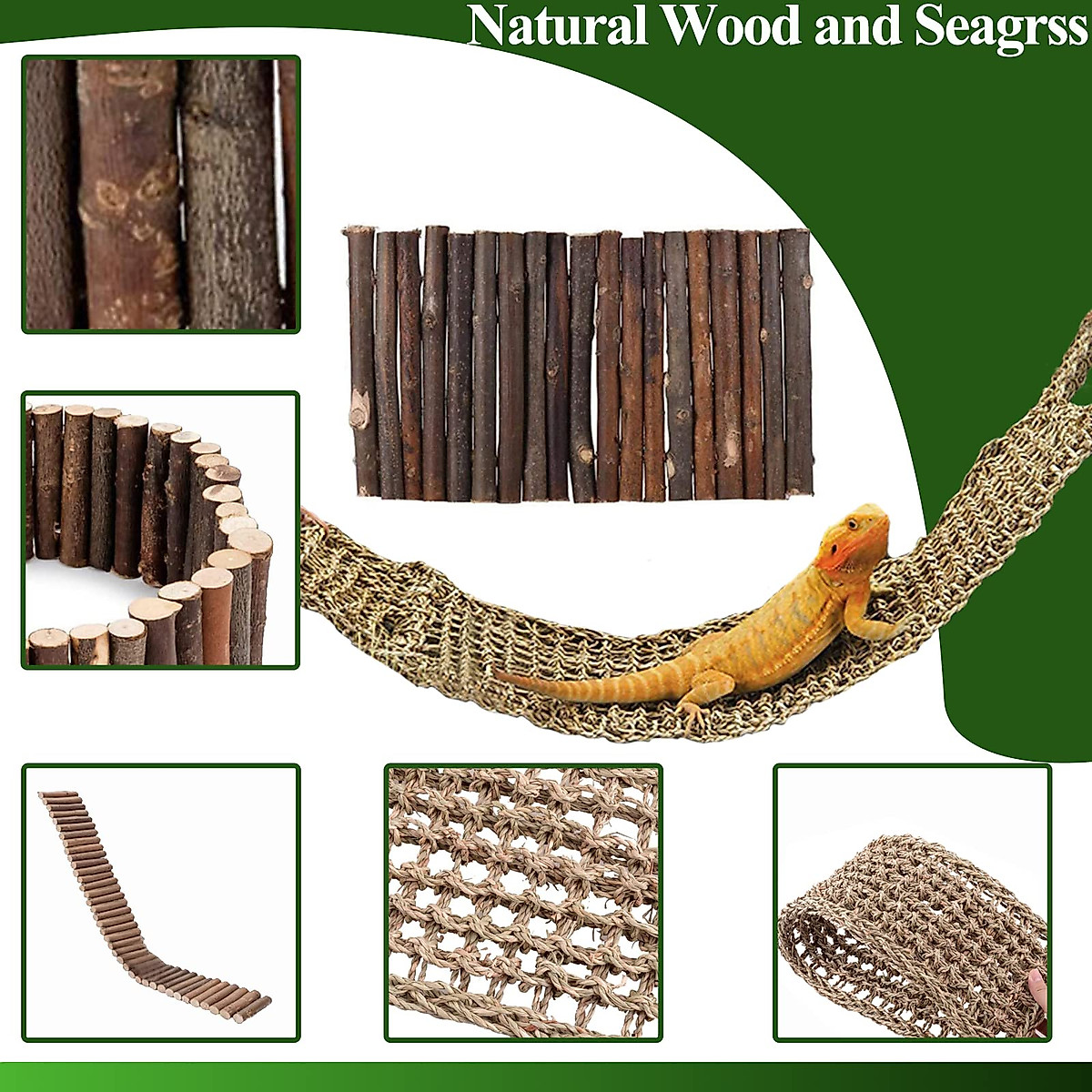 HERCOCCI Bearded Dragon Tank Accessories, Large Reptile Bridge Hammock Flexible - Jungle Climbing Vines and Leaves with Suction Cups Habitat Décor for Hiding& Climbing Snake Gecko Lizard Chameleon