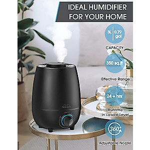 Humidifiers for Bedroom Large Room, Humidifier for Plants, Quiet Top Fill Ultrasonic, Cool Mist Air Humidifier for Baby, Home, Office, Nursery(0.79Gal/3L)