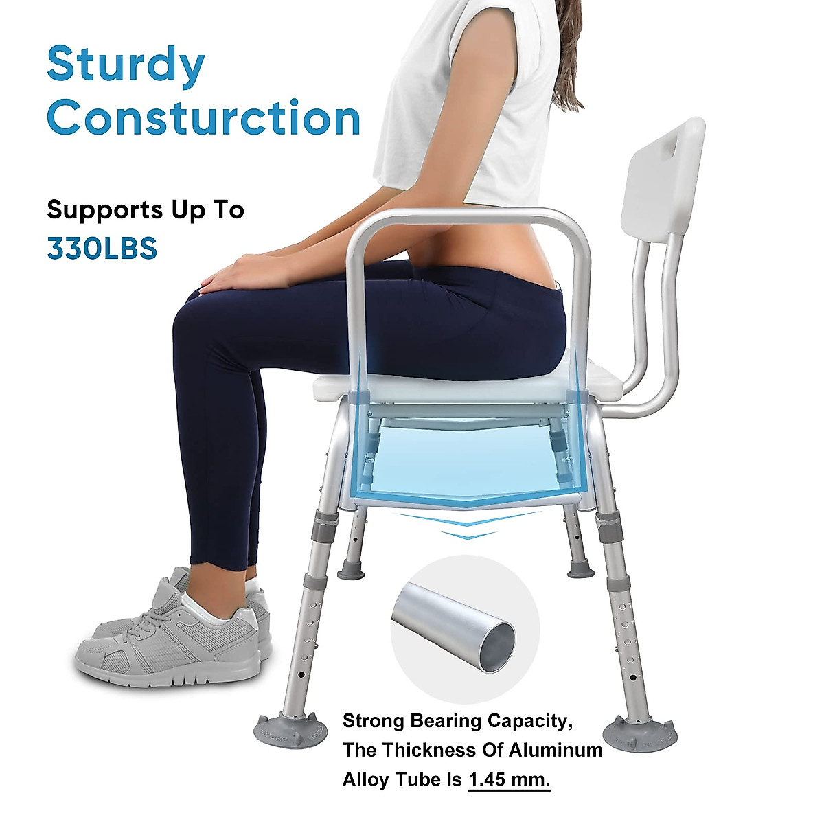 Nurhome Heavy Duty Bathtub Transfer Bench with Back and Side Arm Shower Chair with Height Adjustable Bath Shower Bench Chair Fits Any Bathroom for Elderly Disabled Non-Slip Feet 330 lbs