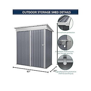 Outdoor Storage Shed, Amopatio Heavy Duty Galvanized Metal Garden Shed Backyard Storage Shed Outside Tool Storage Shed House (5' x 3', Grey)